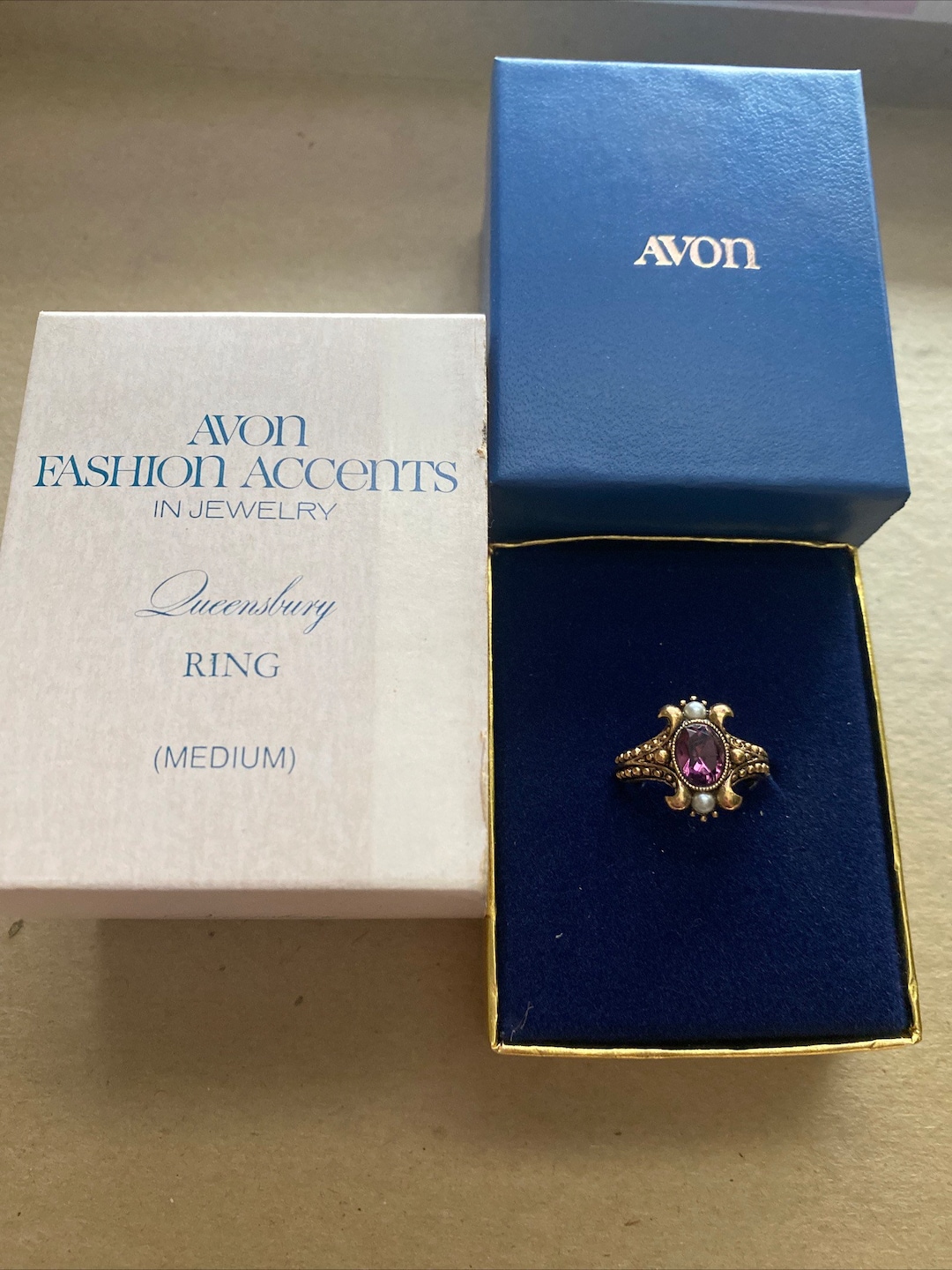 Vintage 70’s AVON Queensbury Faux Amethyst & Pearls Gold Tone Ring Size ...