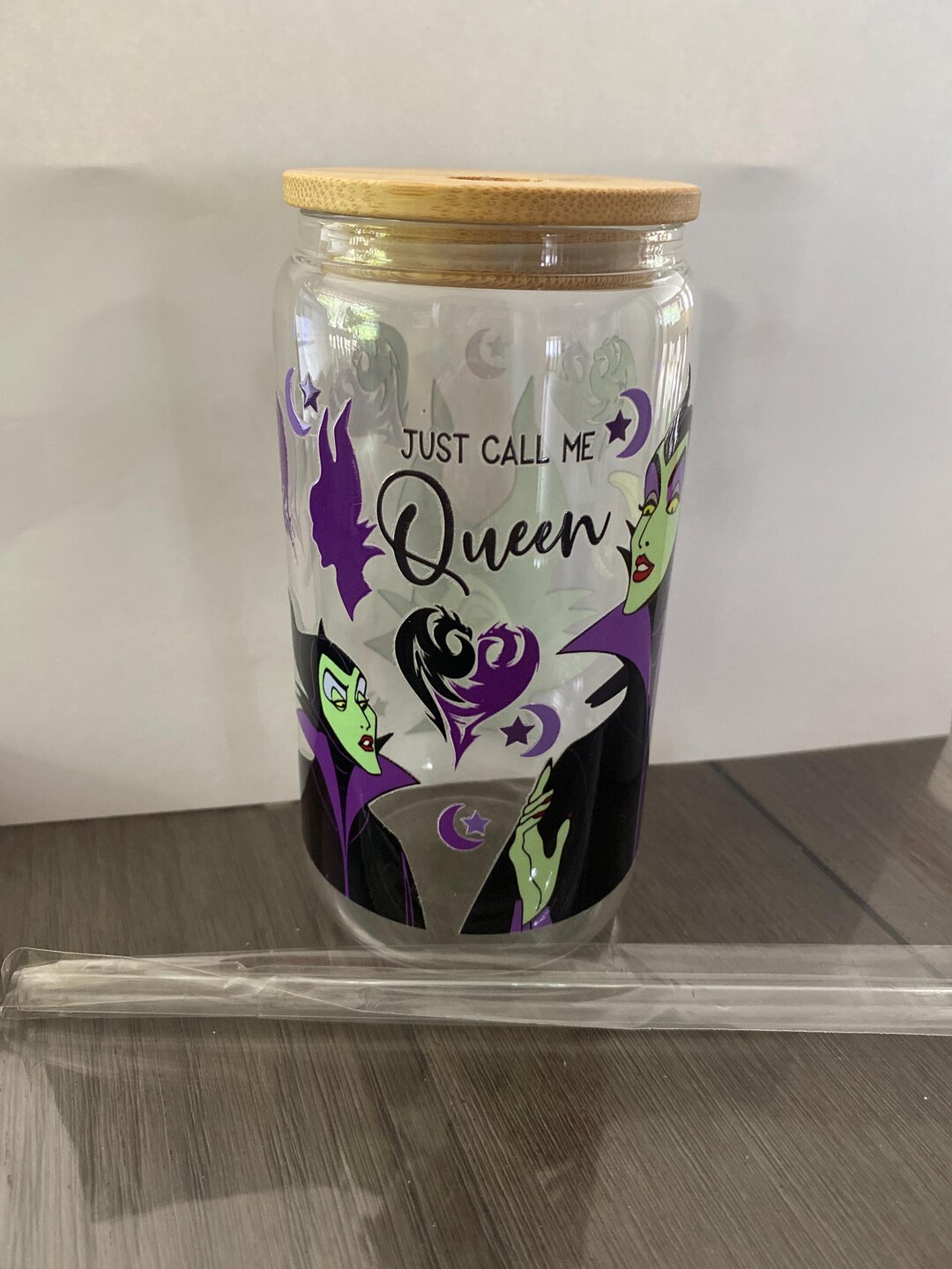 Custom Drinking Glass With Bamboo Lid & Glass Straw - Maleficent - Etsy