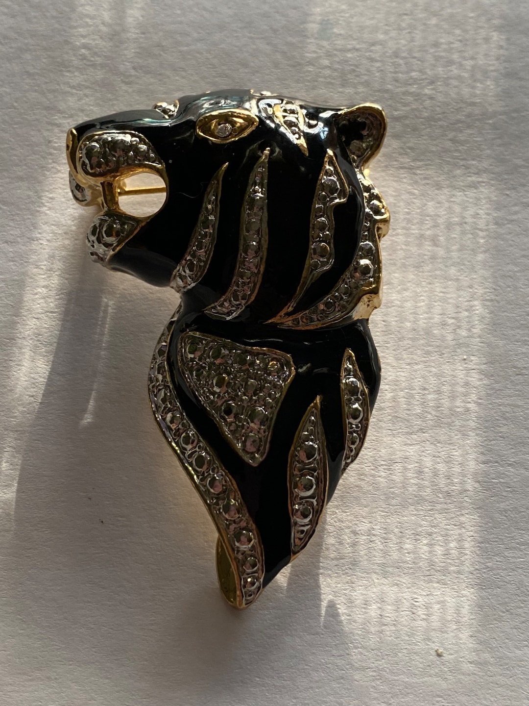 Vintage Large Jaguar Head Brooch Pin Enamel Gold Tone Metal - Etsy