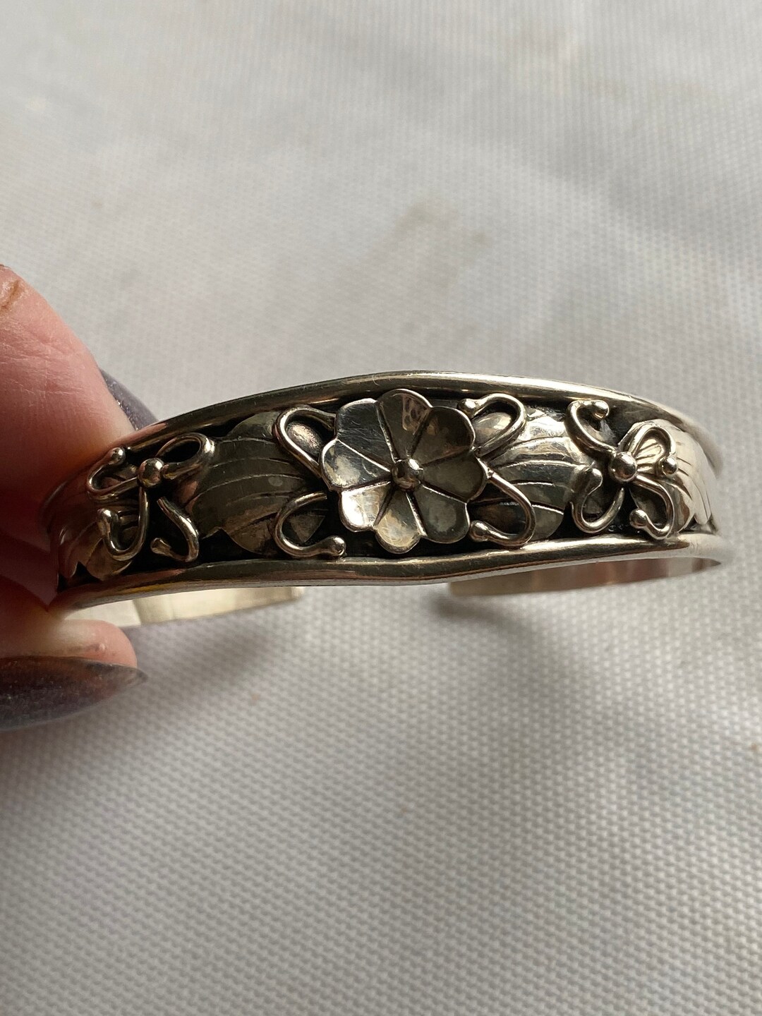 Vintage Signed Sterling Silver Lead and Motif Blossom Cuff - Etsy