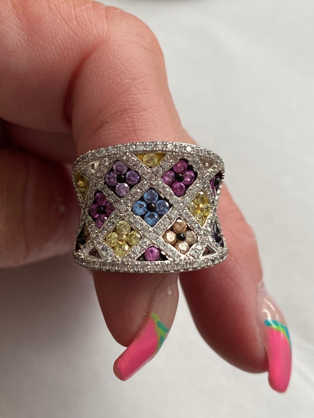 Sterling Silver CN FZN Multi Color Stones Wide Band Ring - SZ 7 - Etsy UK
