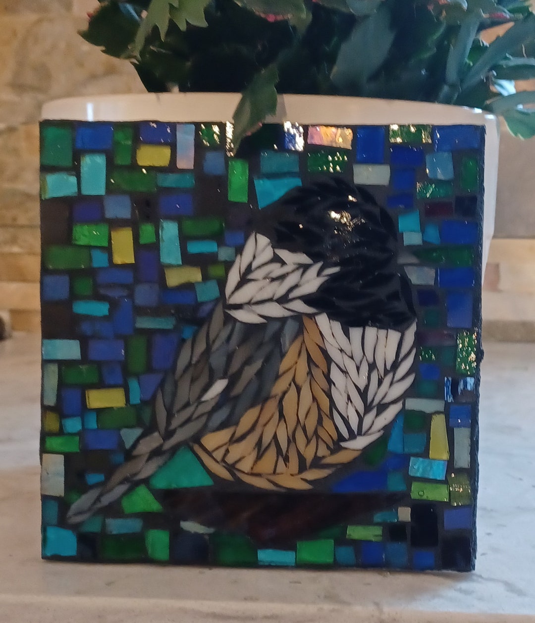 Mosaic Chickadee/blue-green Background Mini Mosaic or Trivet - Etsy