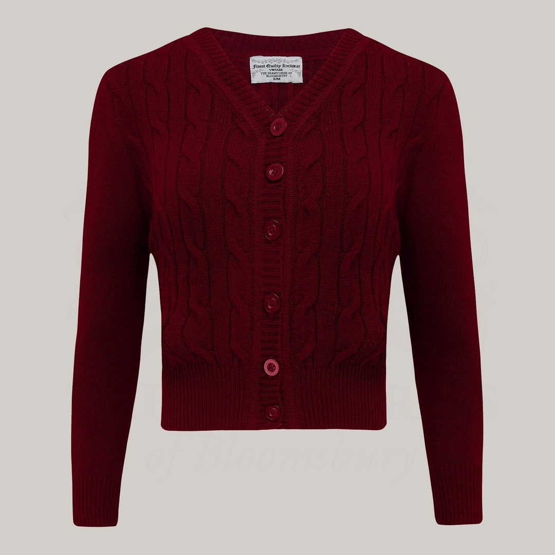 Cable Knit Cardigan in Wine | Vintage 1940s Style Women's Knitwear ...