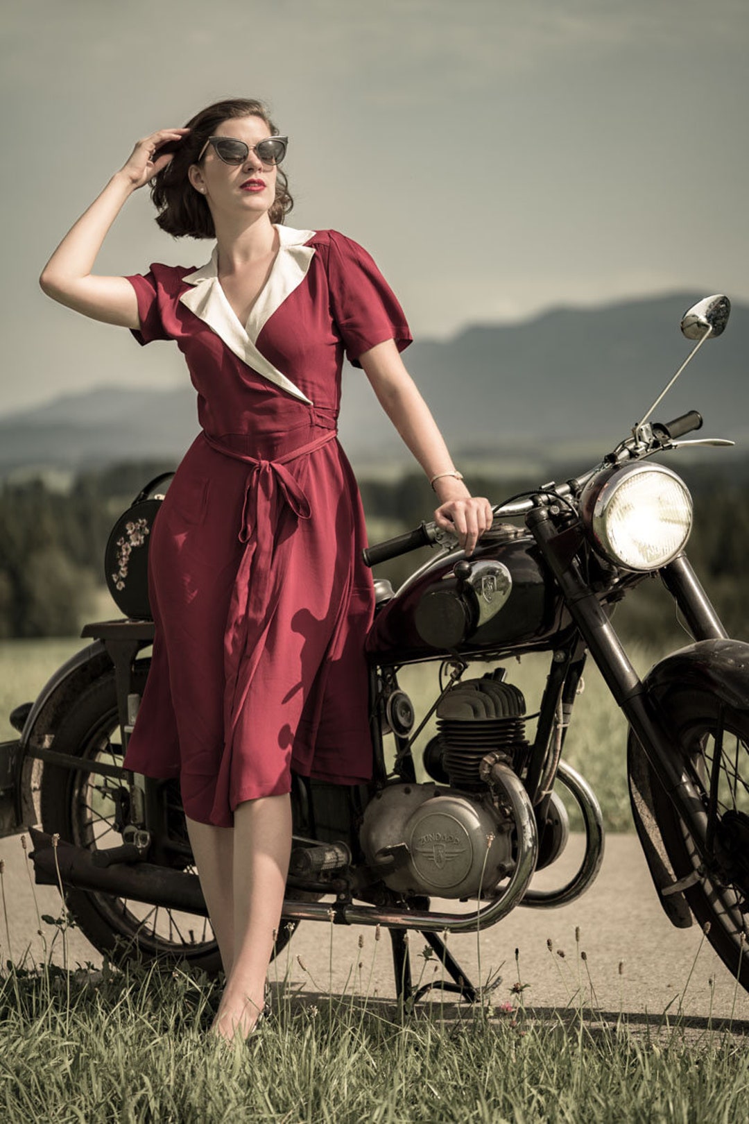 Peggy Wrap Dress in Wine With Ivory Collar | Vintage 1940s Women's ...