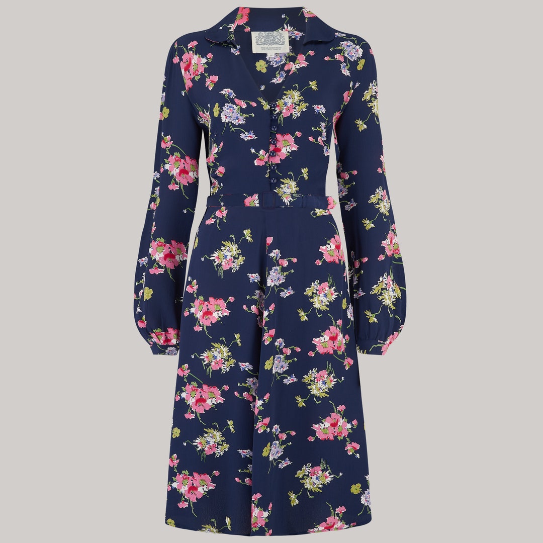 Clarice Dress in Navy Mayflower Print | Vintage 1940s Style Women's ...