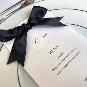Luxury Menu Card With Hand Tied Black Satin Ribbon Bow / Birthday Party ...