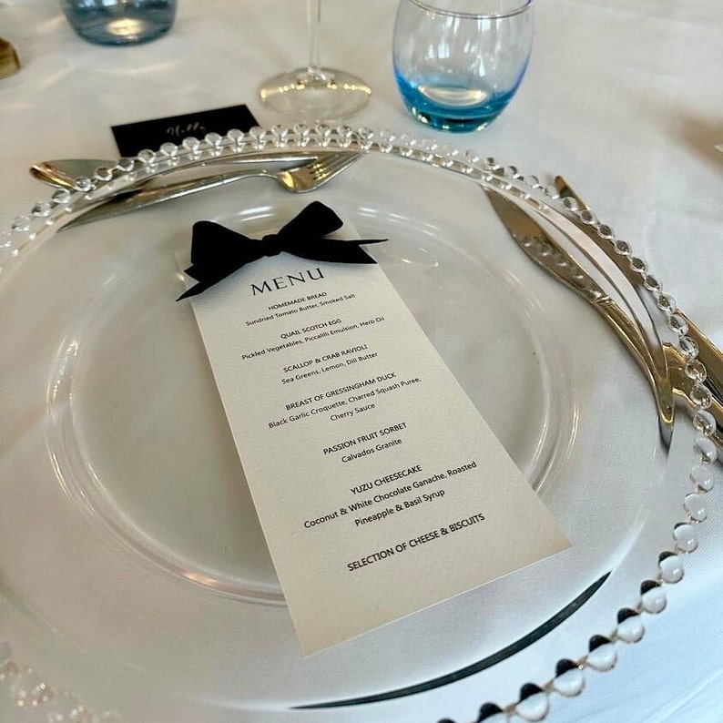 Modern Black Bow Wedding Place Setting Menu Card / Table Menu Card ...