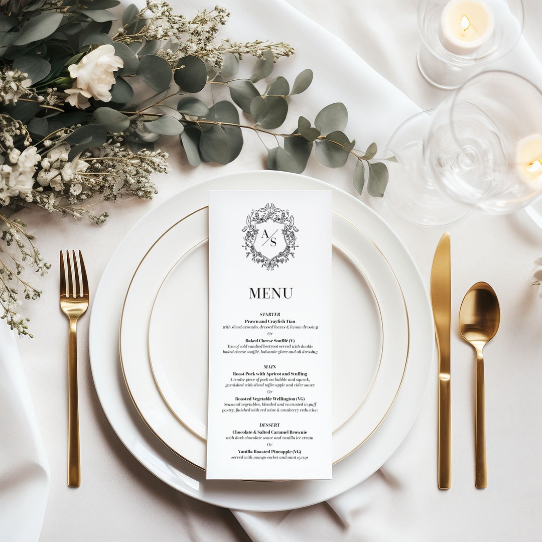 Luxury Wedding Menu Card With Black Monogrammed Crest / Table Menu Card ...