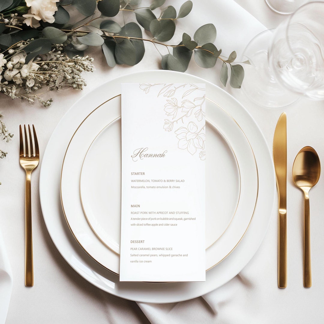 Champagne / Beige Flower Print Wedding Menu Card With Name / Wedding ...