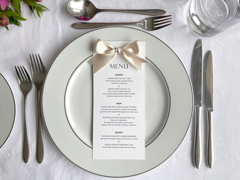 Luxury Menu Card With Champagne Colour Satin Ribbon Bow / Wedding Menu ...