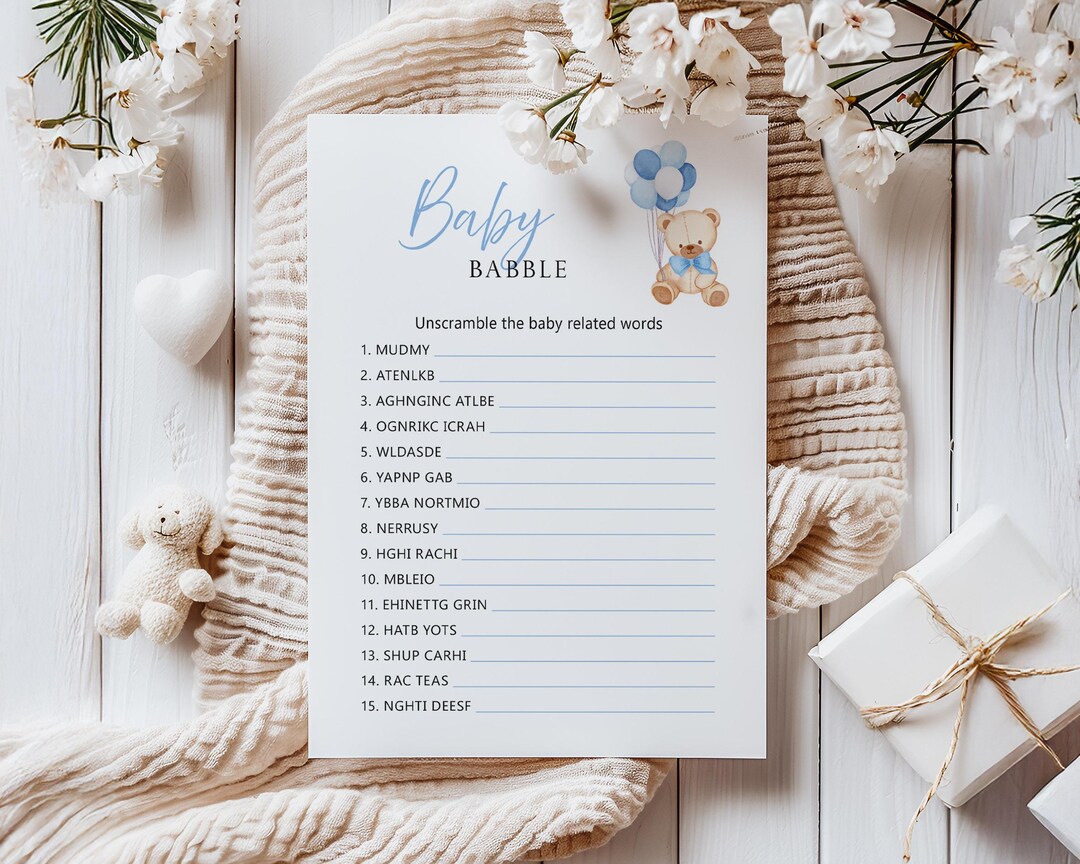 Blue Teddy Bear Baby Word Scramble Game Cards L ‘we Can Bearly Wait ...