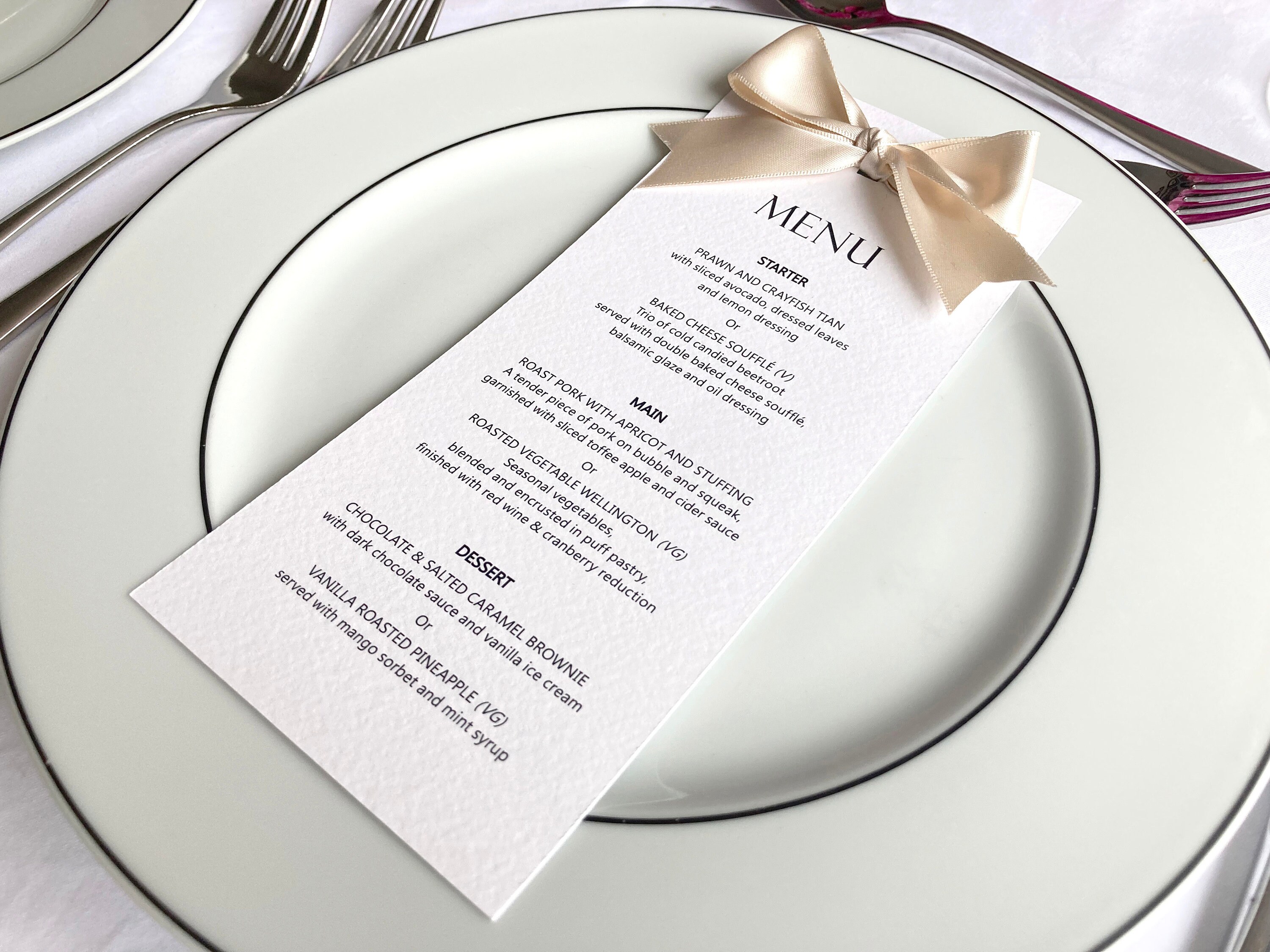 Luxury Menu Card With Champagne Colour Satin Ribbon Bow / Wedding Menu ...