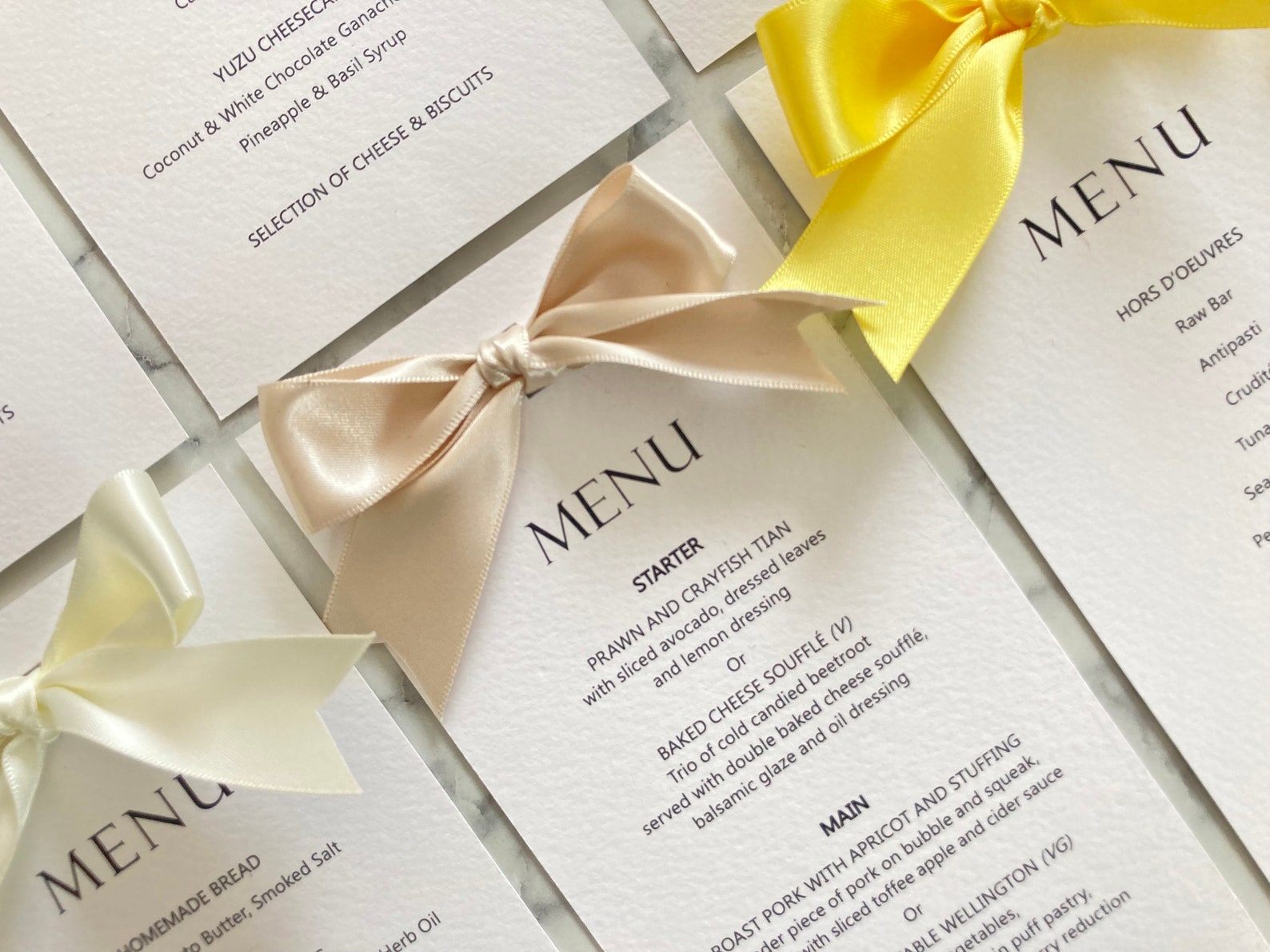 Luxury Menu Card With Champagne Colour Satin Ribbon Bow / Wedding Menu ...