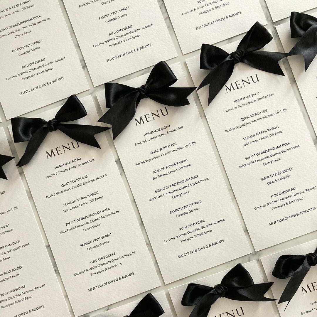 Modern Black Bow Wedding Place Setting Menu Card / Table Menu Card ...