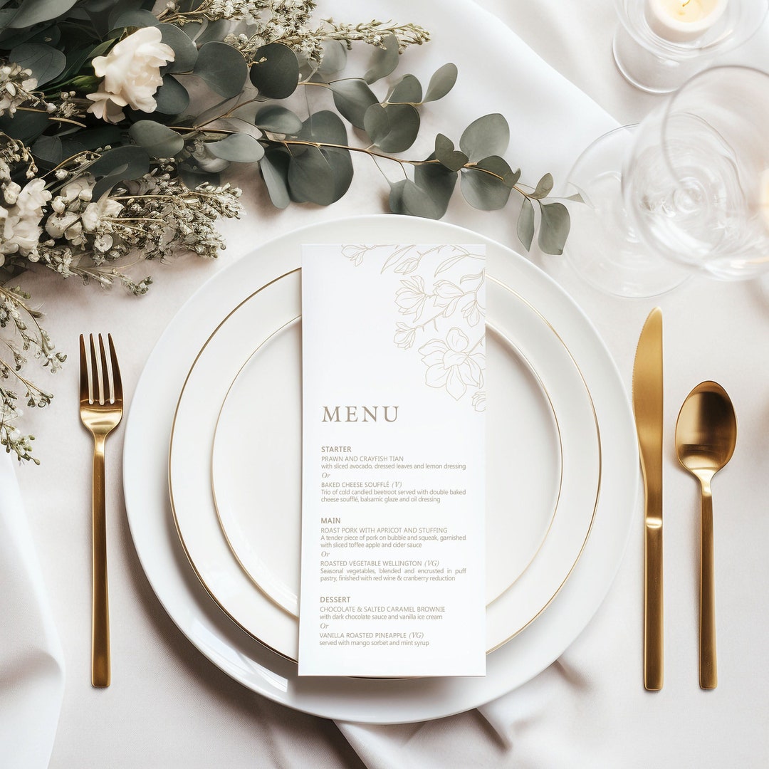 Champagne / Beige Flower Print Wedding Place Setting Menu Card / Table ...