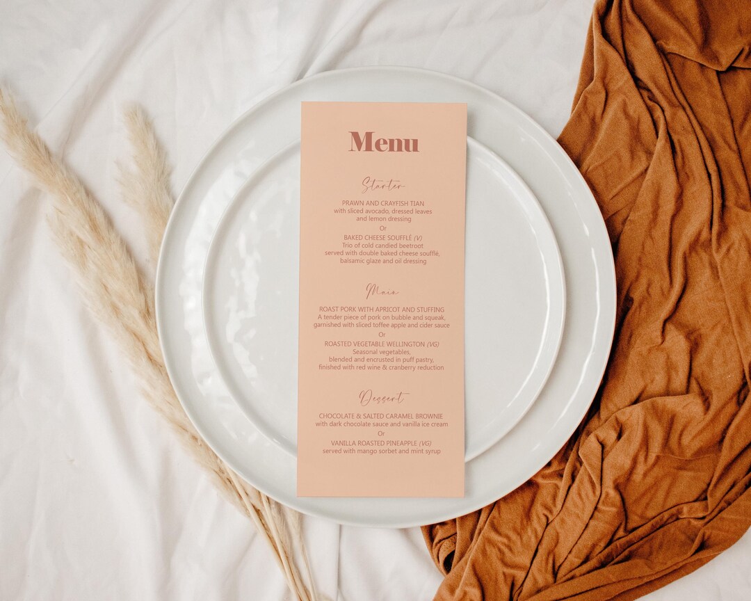Peach and Terracotta Retro / Boho Print Wedding Place Setting Menu Card ...