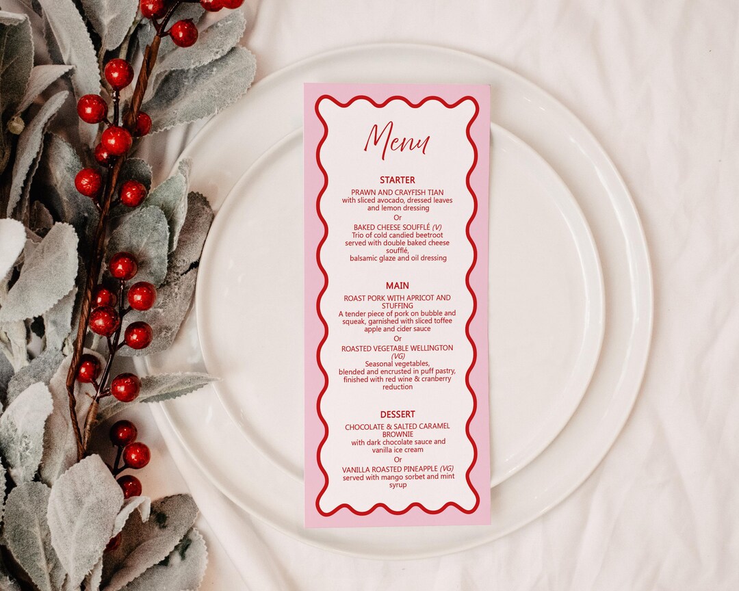 Pink and Red Christmas Party Menu Card | Personalised Holiday Table ...