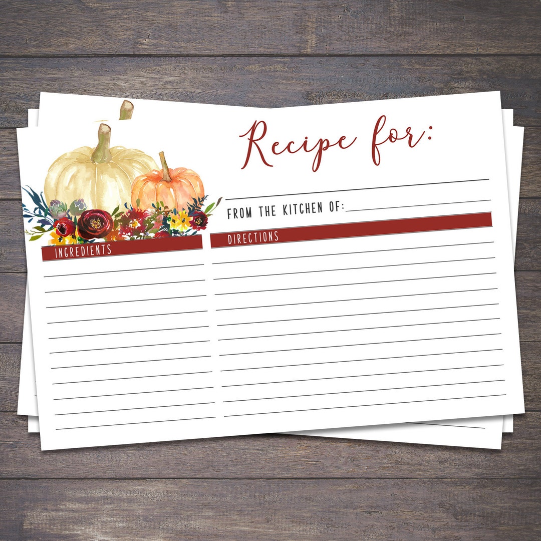 Recipe Cards for Fall Recipes Pumpkin, Printable Recipe Card 4x6 Fall ...