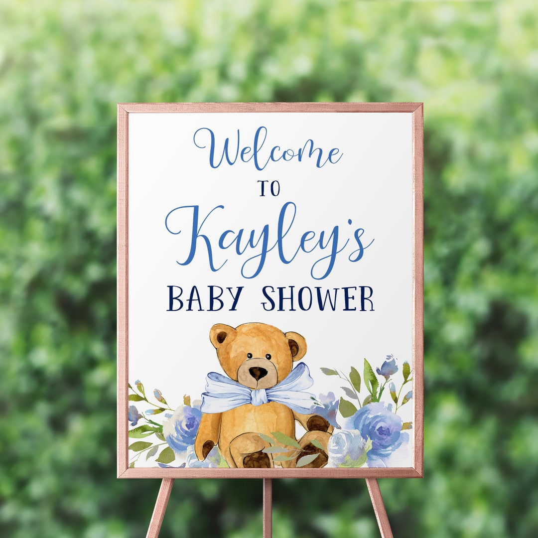 Teddy Bear Baby Shower Sign, Baby Shower Welcome Sign, Blue Baby Shower ...
