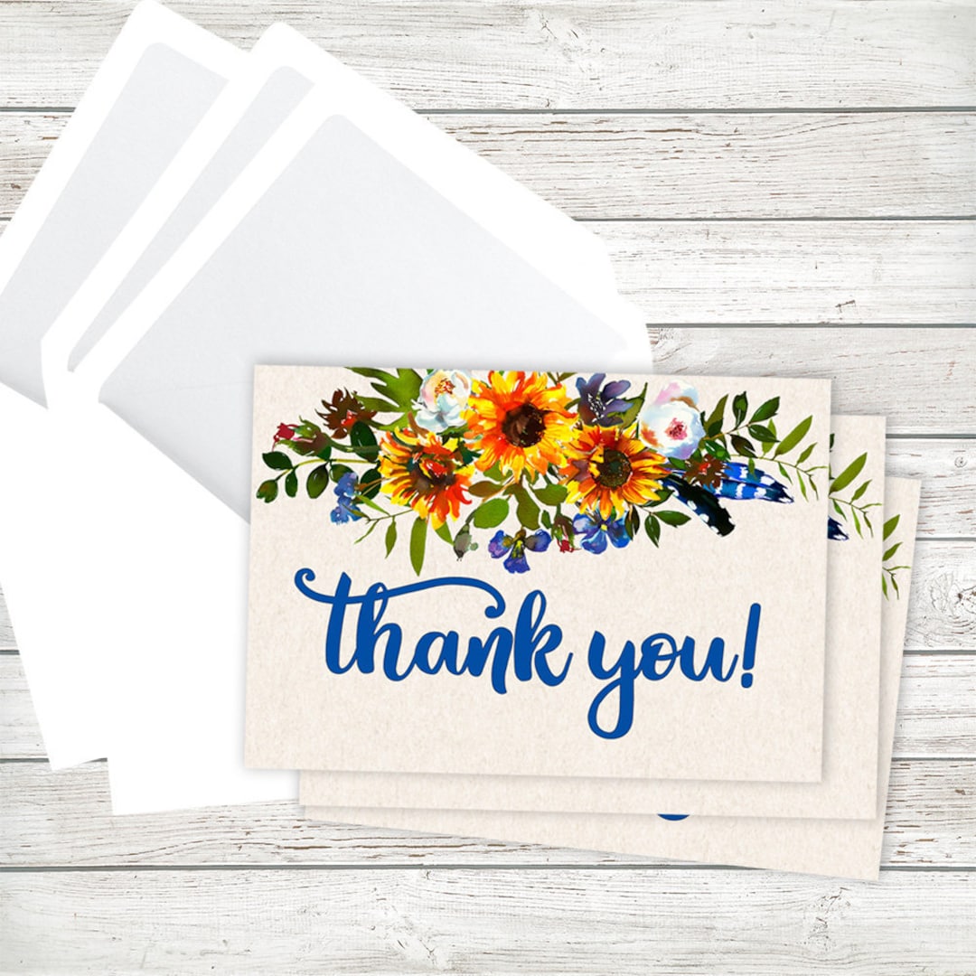 Fall Floral Thank You Cards Royal Blue and Sunflower Thank - Etsy