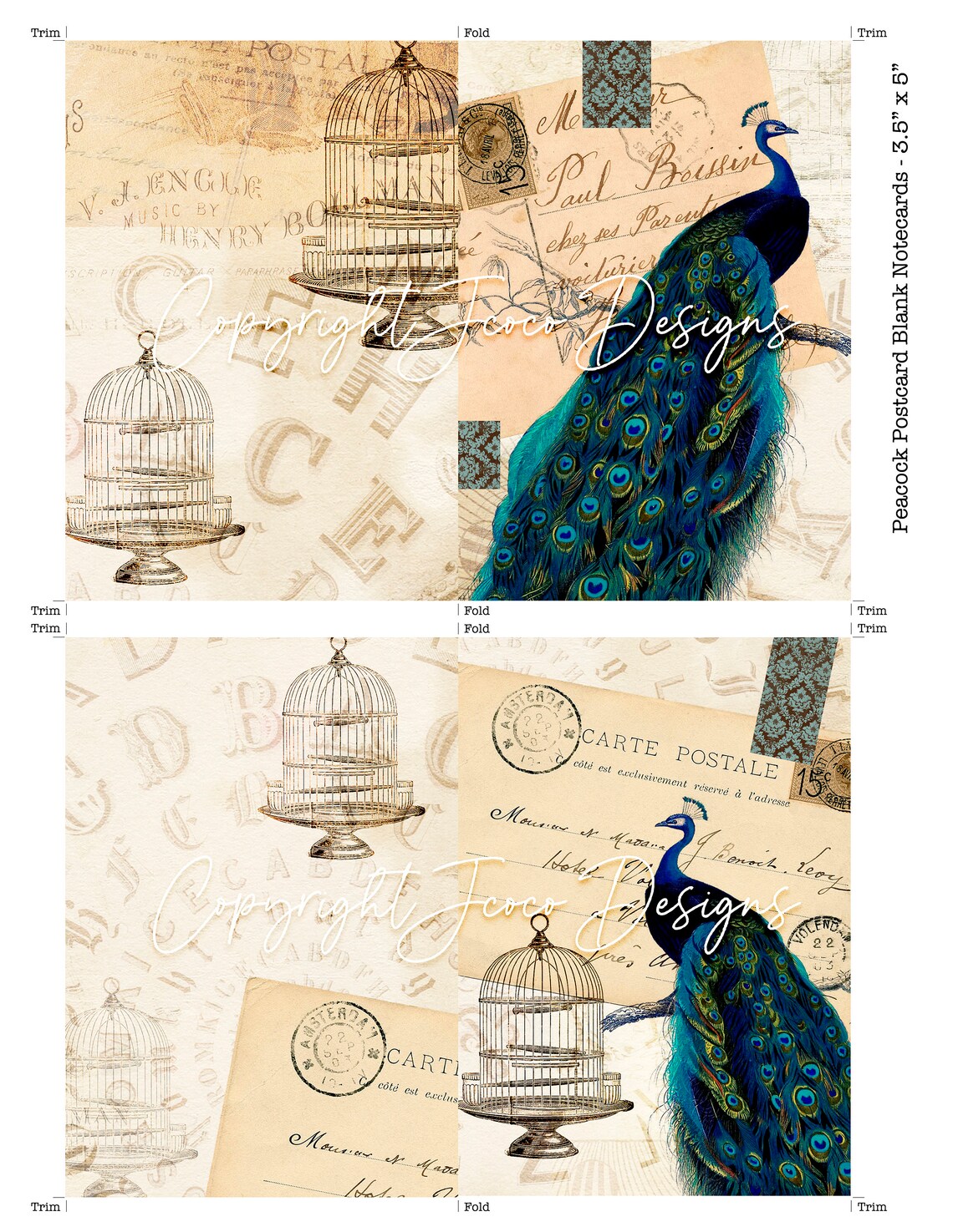 Peacock Postcard Collage Paper Kit Scrapbooking Digital - Etsy