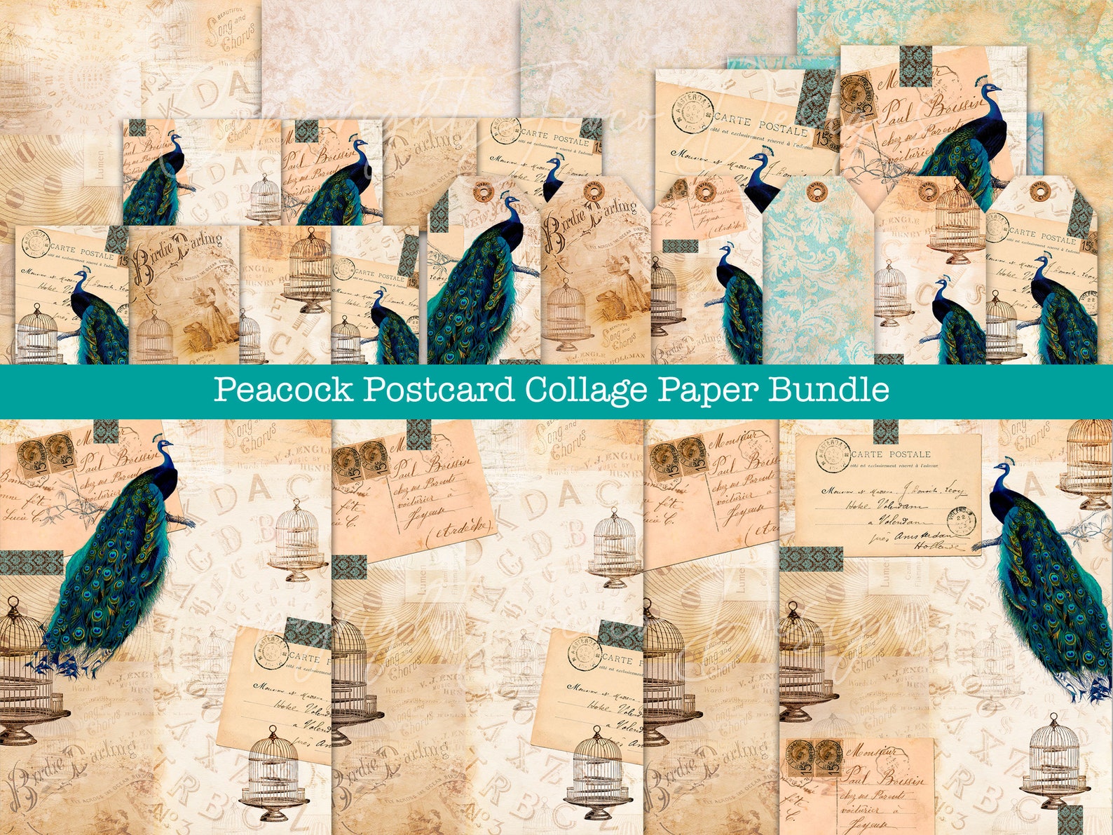 Peacock Postcard Collage Paper Kit Scrapbooking Digital - Etsy