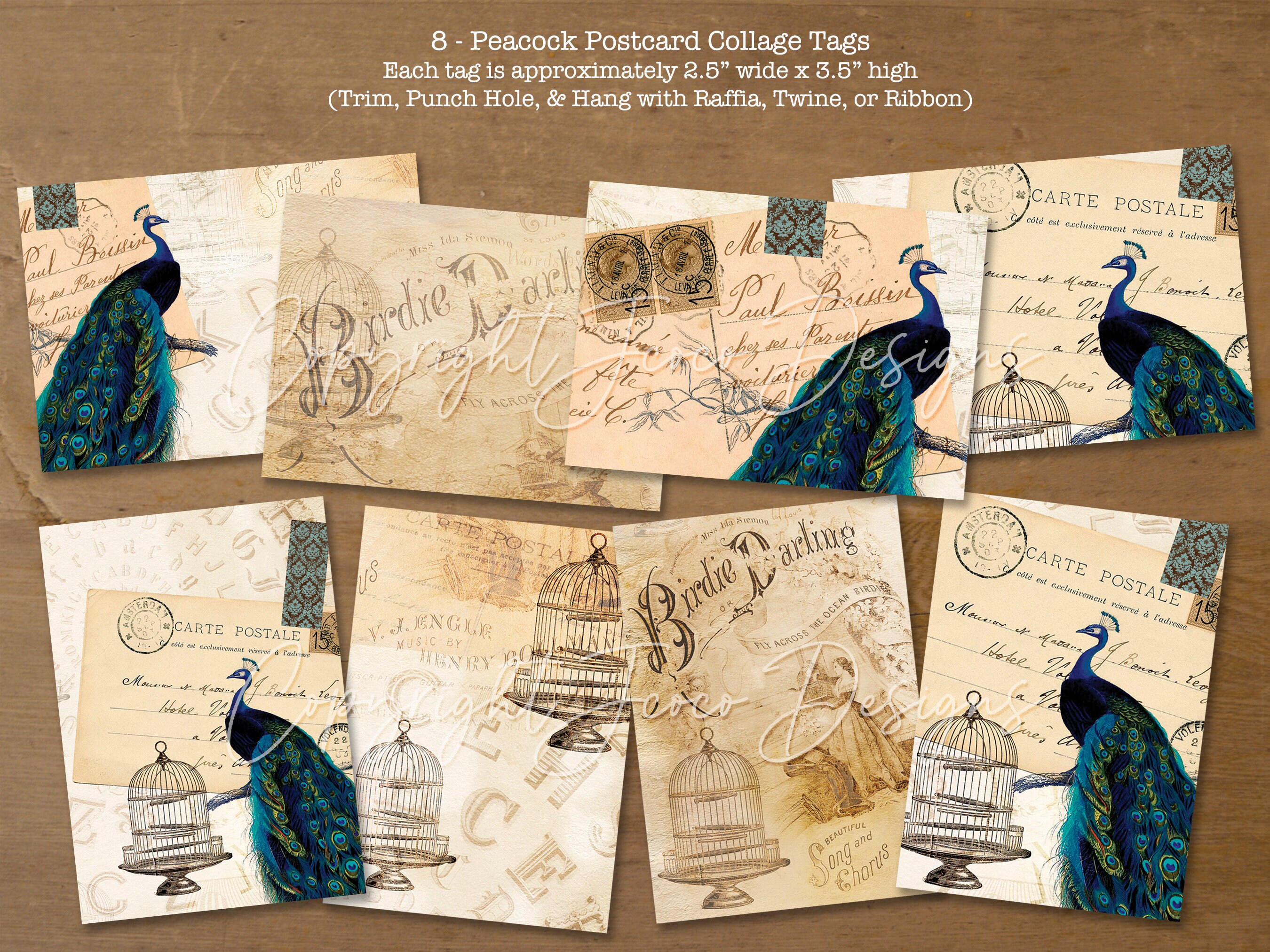 Peacock Postcard Collage Paper Kit Scrapbooking Digital - Etsy