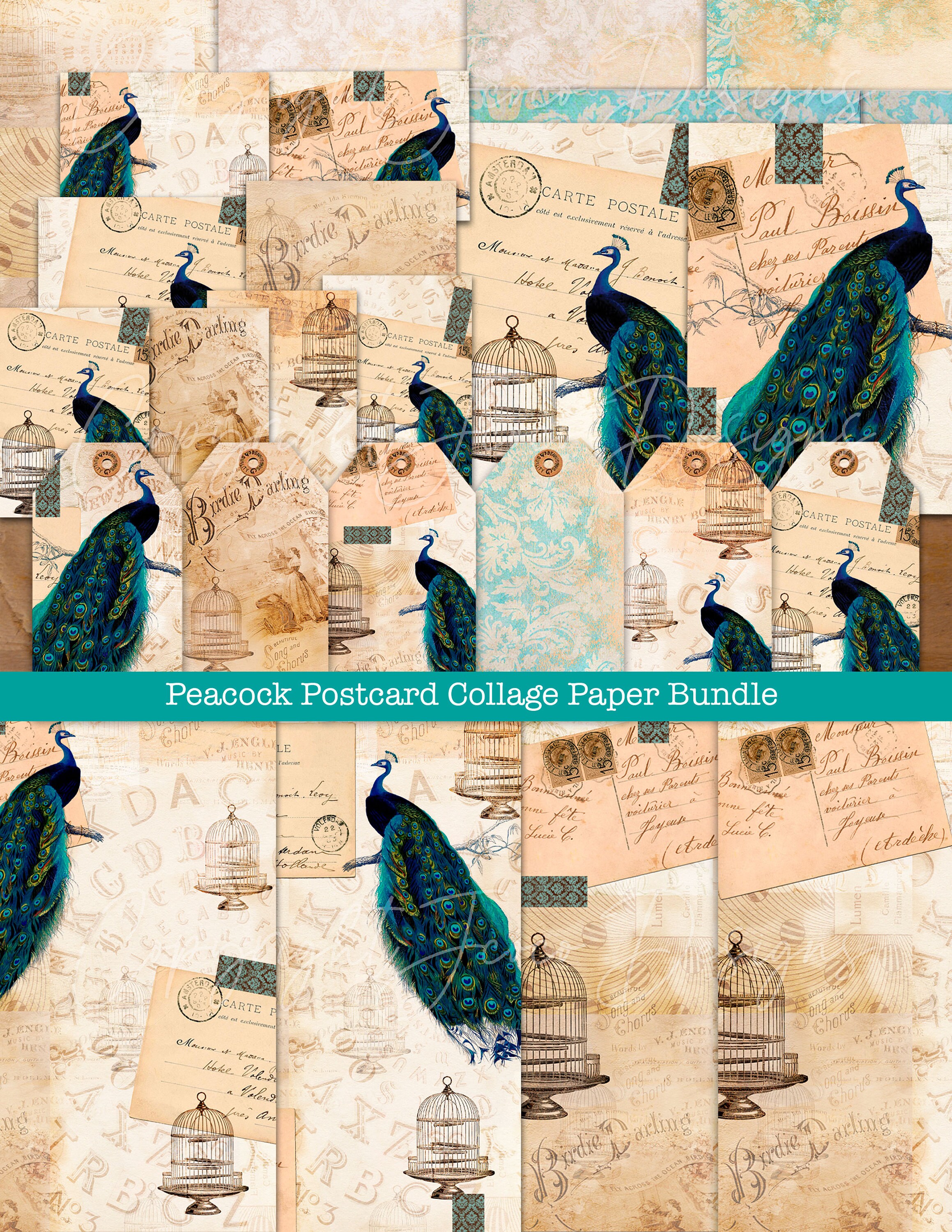 Peacock Postcard Collage Paper Kit Scrapbooking Digital - Etsy