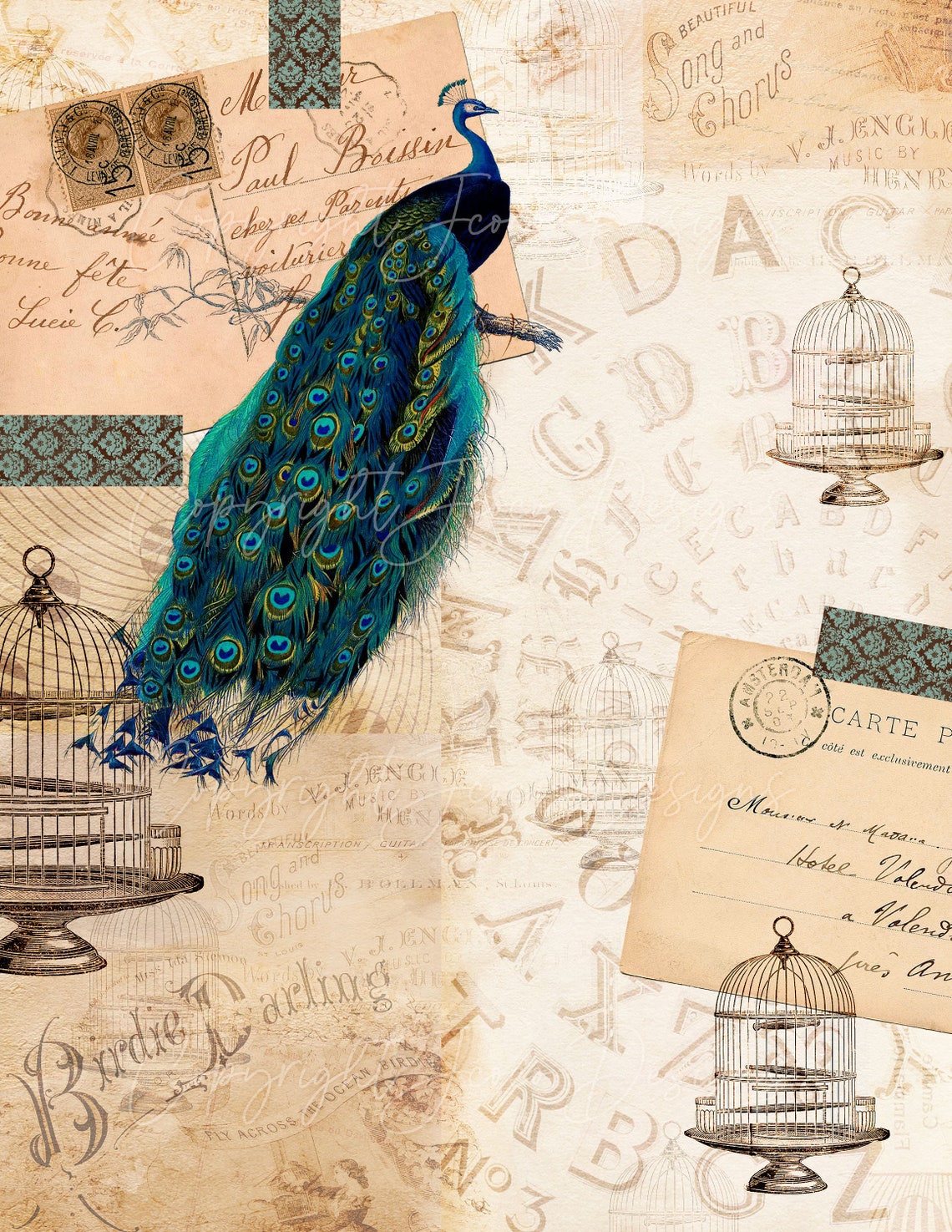 Peacock Postcard Collage Paper Kit Scrapbooking Digital - Etsy