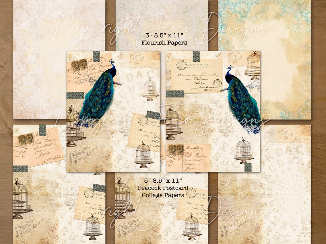 Peacock Postcard Collage Paper Kit Scrapbooking Digital - Etsy