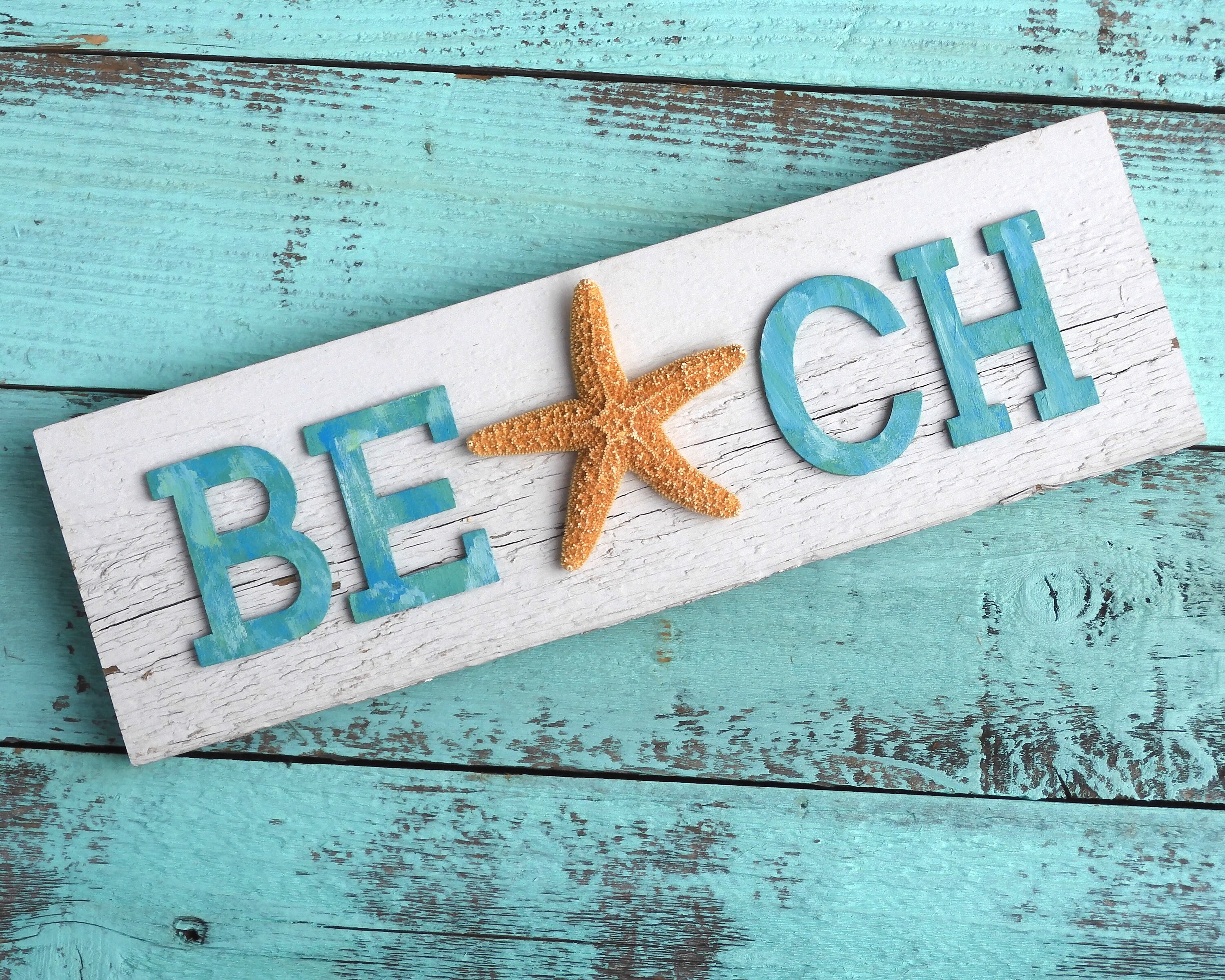 Painted Wood and Starfish BEACH Sign - Original With Real Star Fish ...