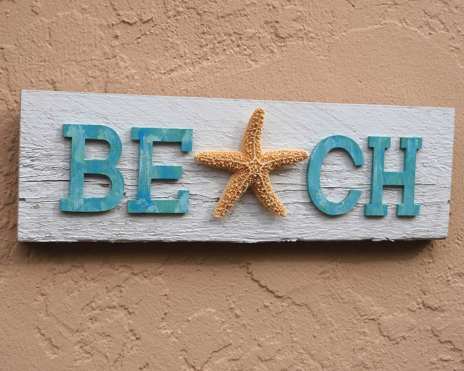 Painted Wood and Starfish BEACH Sign - Original With Real Star Fish ...