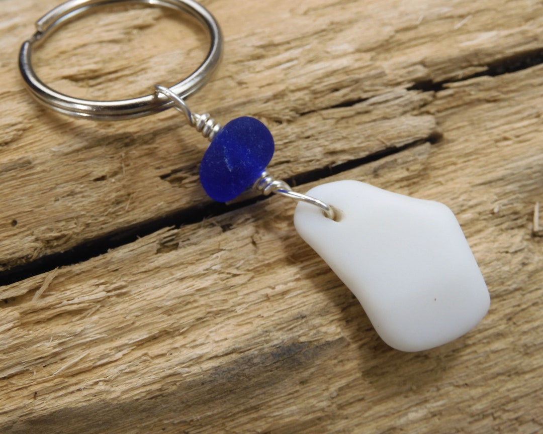 Cobalt Blue and Milk Glass Sea Glass Key Chain - Real Beach Glass Key ...