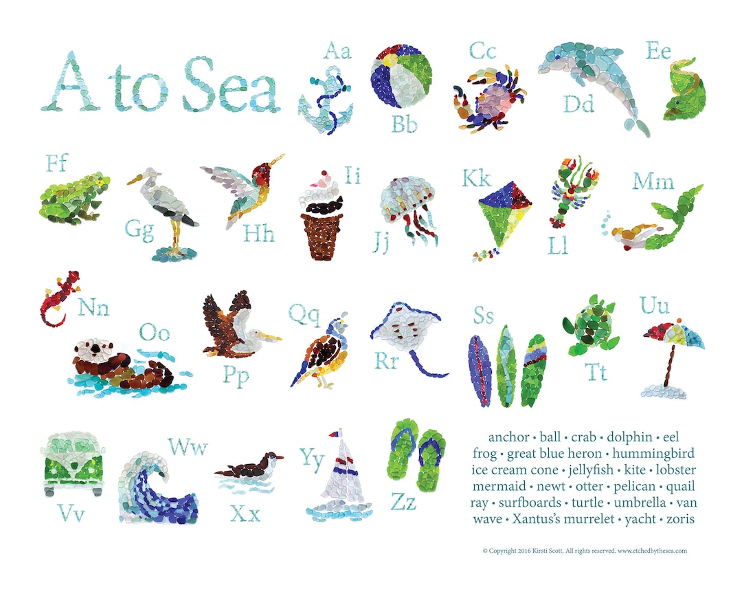 Sea Glass Alphabet Poster - Seaglass Art Mosaics Print - "a to Sea" - Etsy