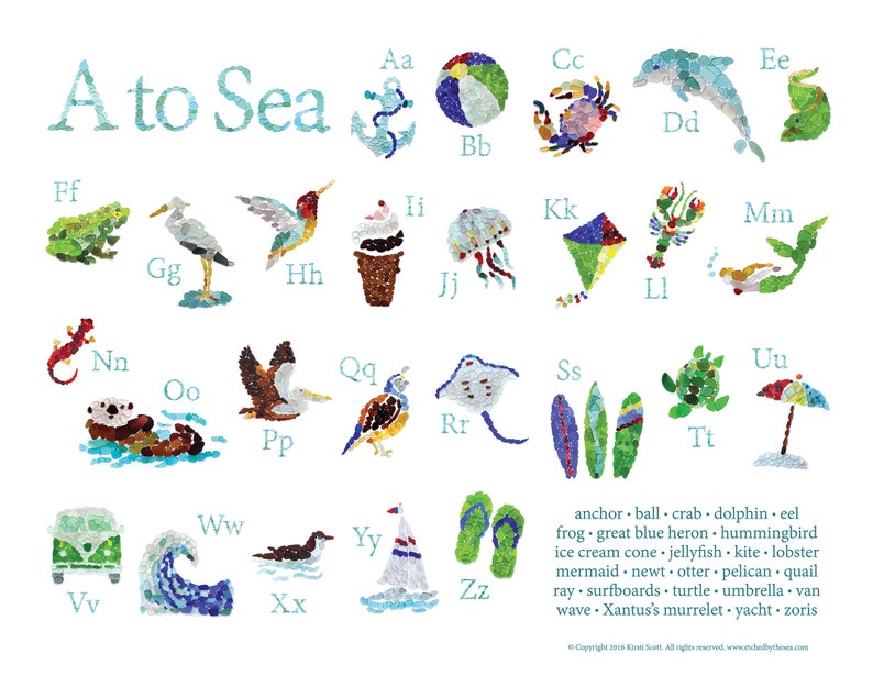 Sea Glass Alphabet Poster - Seaglass Art Mosaics Print - "a to Sea" - Etsy