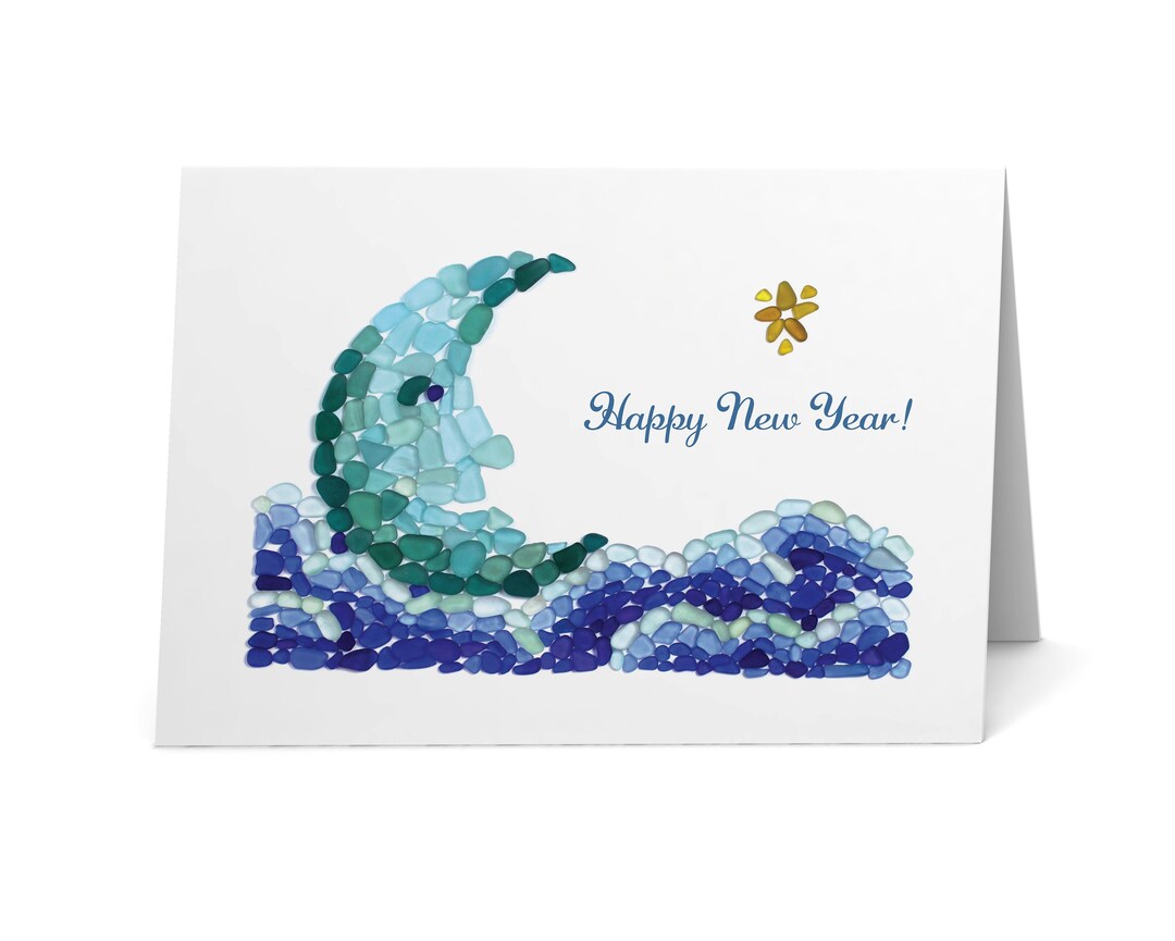 Sea Glass Moon happy New Year Print Card Single, Pack 8, or Pack of 12 ...