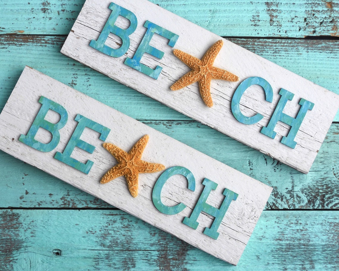 Painted Wood and Starfish BEACH Sign Original With Real Star | Etsy