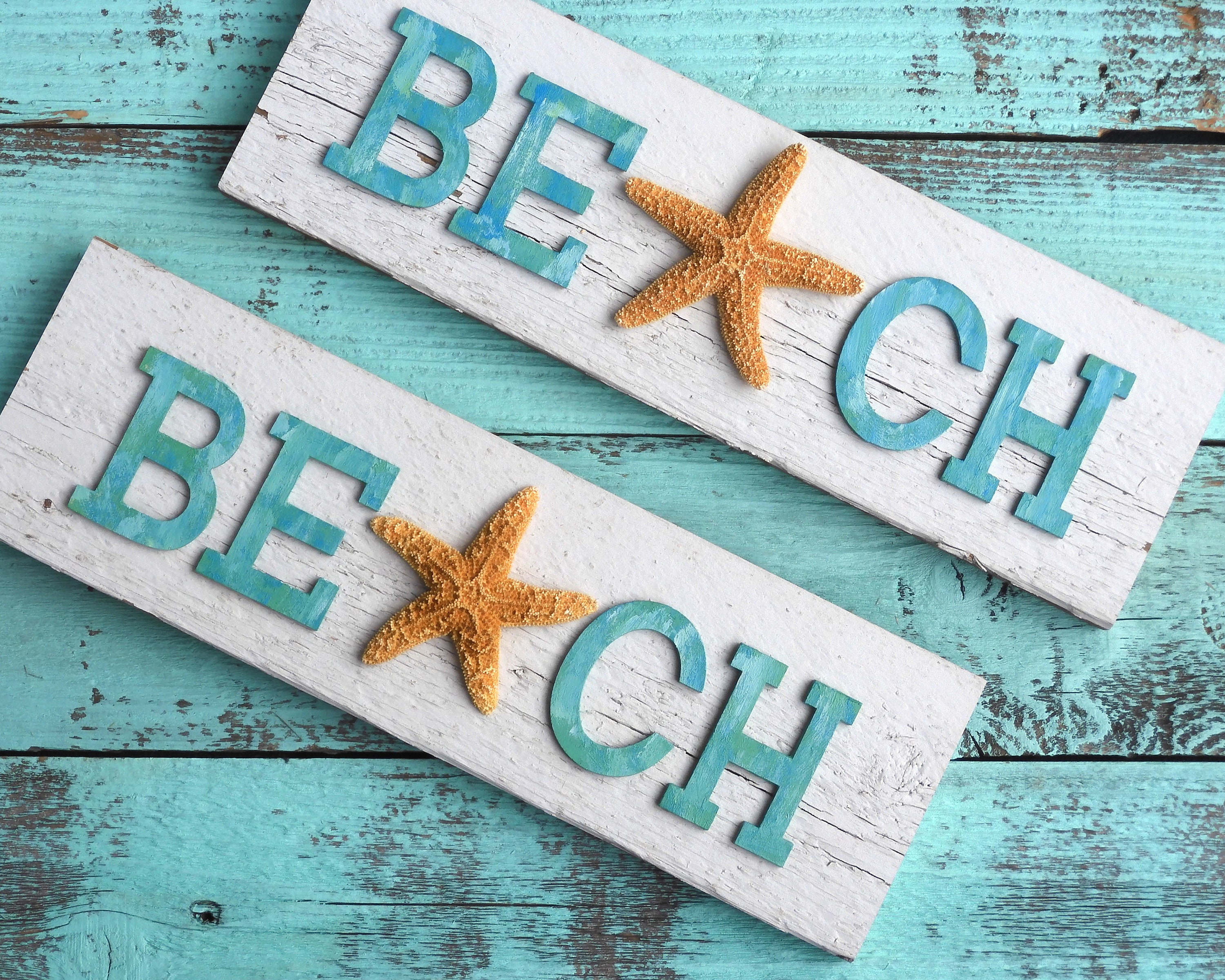 Painted Wood and Starfish BEACH Sign - Original With Real Star Fish ...