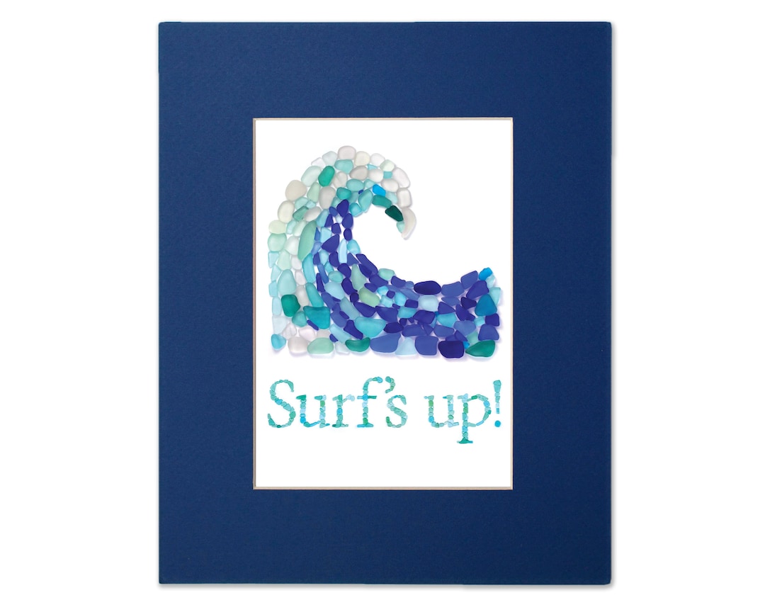 Blue Sea Glass Crashing Wave "surf's Up" - Seaglass Art Mosaic Matted ...