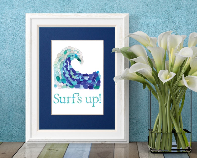 Blue Sea Glass Crashing Wave "surf's Up" - Seaglass Art Mosaic Matted ...