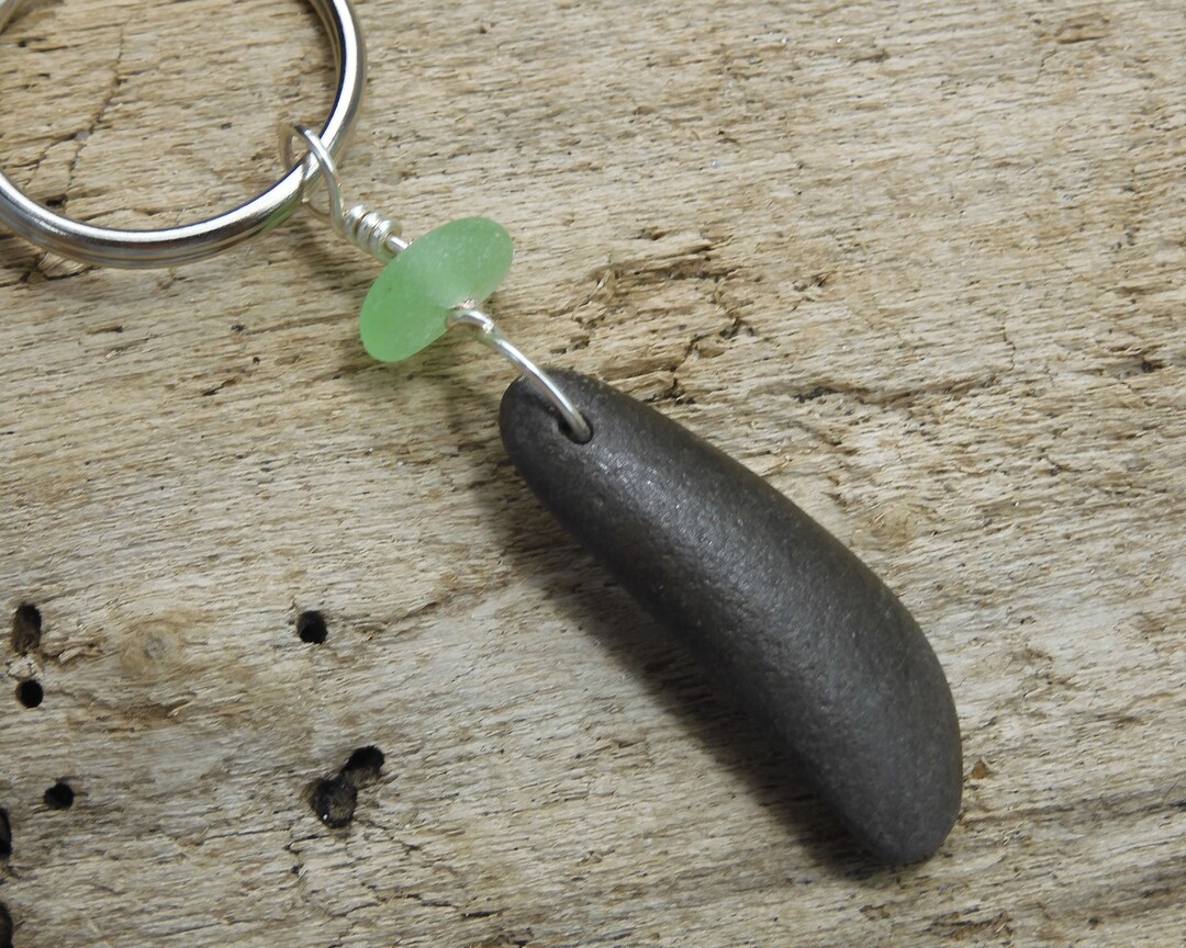 Black Beach Rock and Sea Glass Bead Key Chain - Real Beach Stone and ...