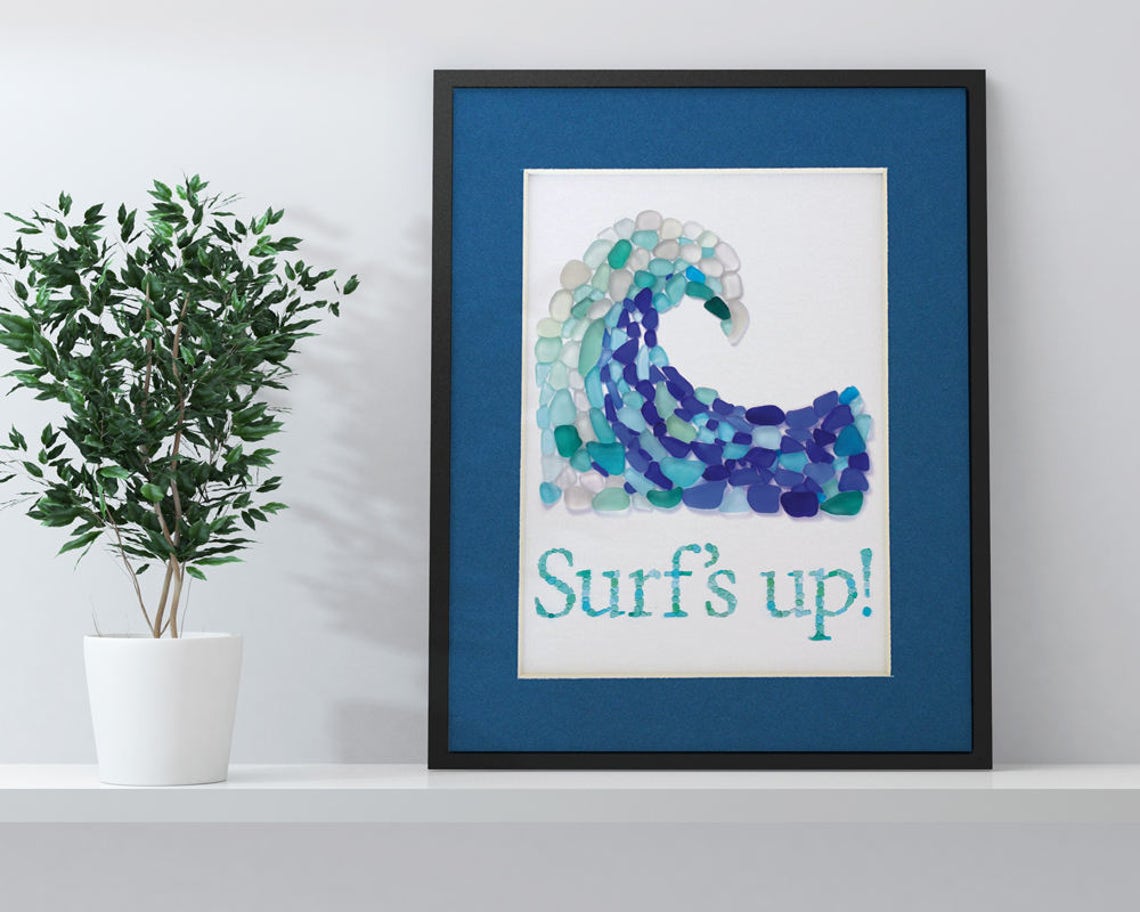 Blue Sea Glass Crashing Wave "surf's Up" - Seaglass Art Mosaic Matted ...