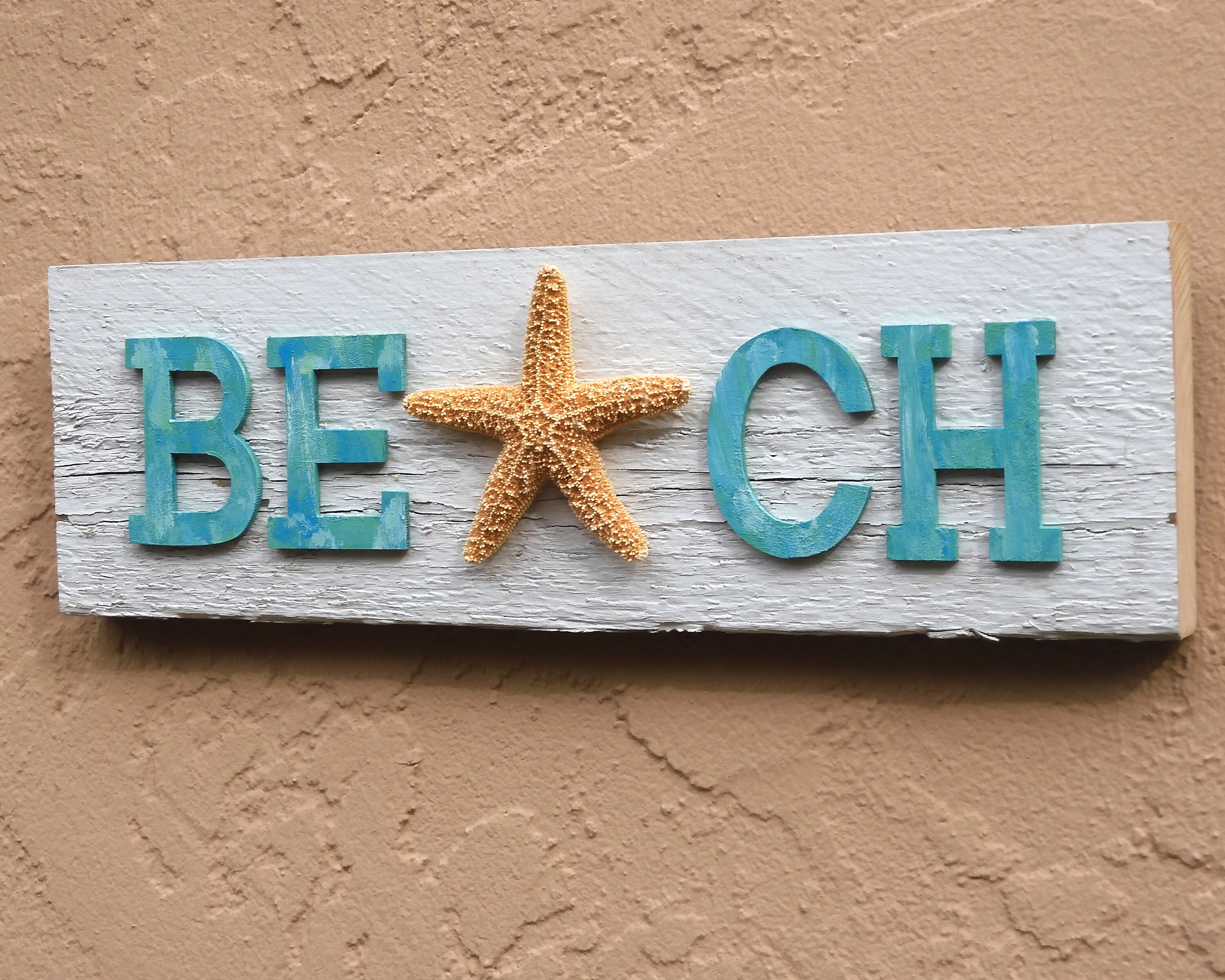 Painted Wood and Starfish BEACH Sign - Original With Real Star Fish ...