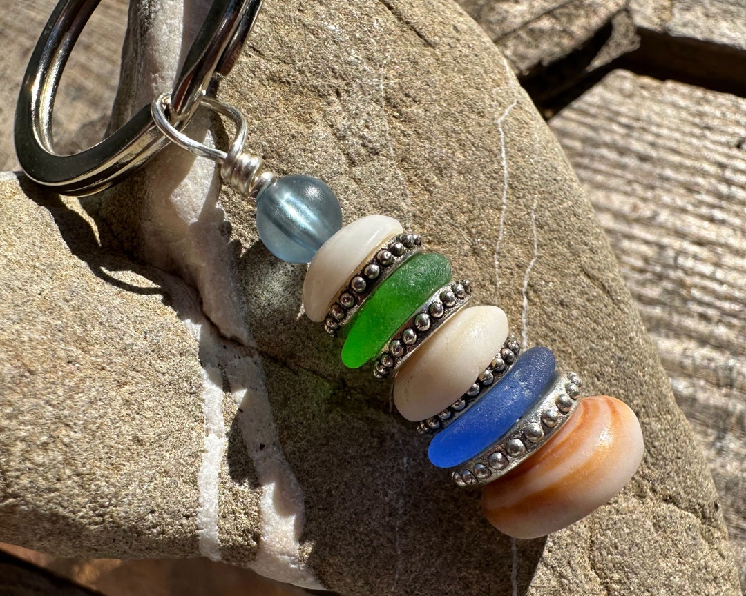Sea Glass and Puka Shell Cairn Key Chain - Real Beach Glass and Puka ...