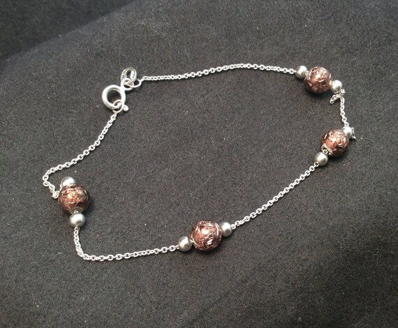 Pretty vintage FAS 925 Sterling Silver Chain Bracelet With 4 6mm Round Gold Plated Beads Etsy