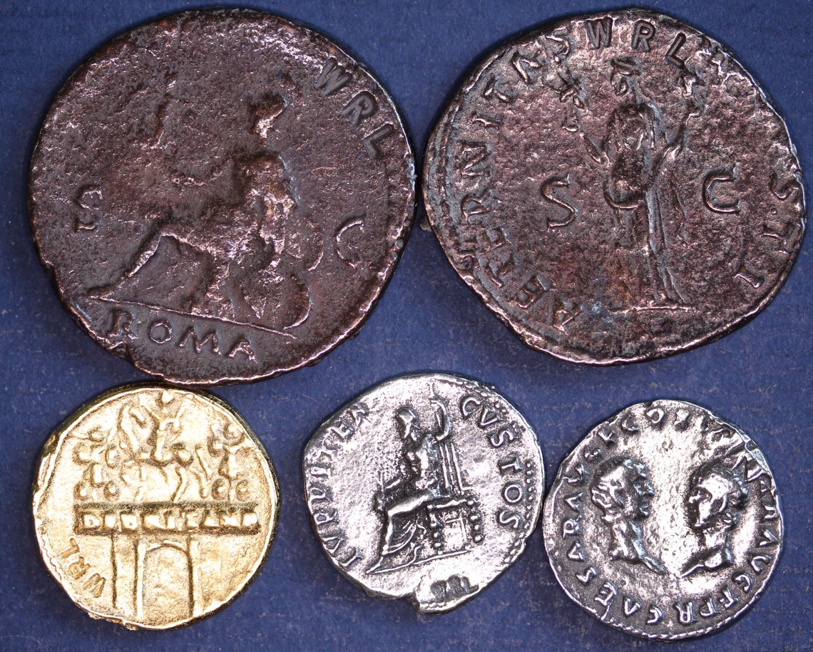 5 REPRODUCTION Roman Coins, AS, Dupondius, Aureus, Denarius, Nice Group ...