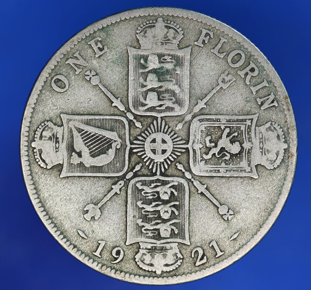GENUINE British Coin - 1921 George V Florin Two Shillings, 50% Silver ...