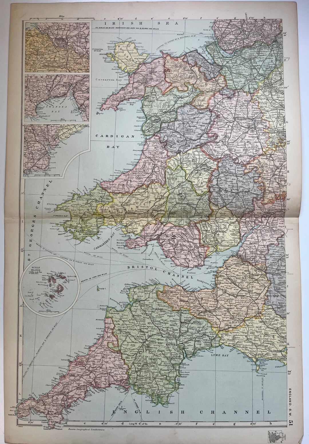 Unframed Map Original 1891 Map SW England & Wales, 21x13 Inch Posted in ...