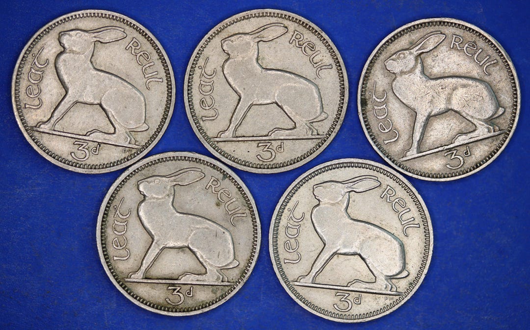 GENUINE 5 Irish Threepences 3d Ireland EIRE, Irish Hare Coins, Various ...
