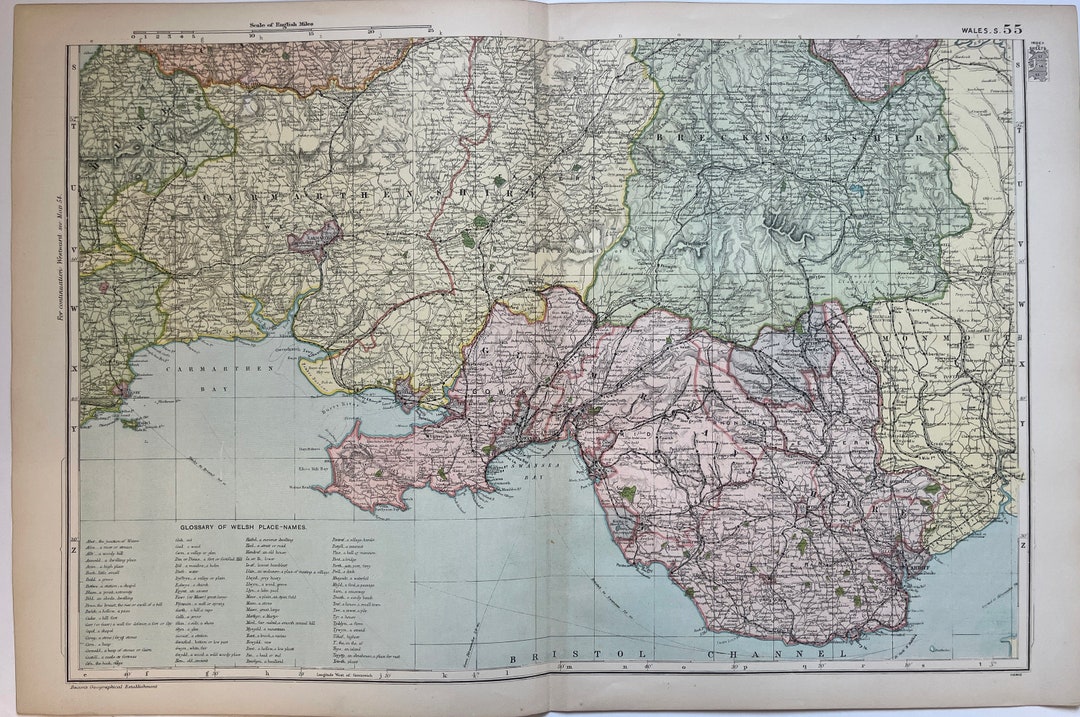 Unframed Map Original 1891 Map South Wales, Place Names 21x13 Inch ...